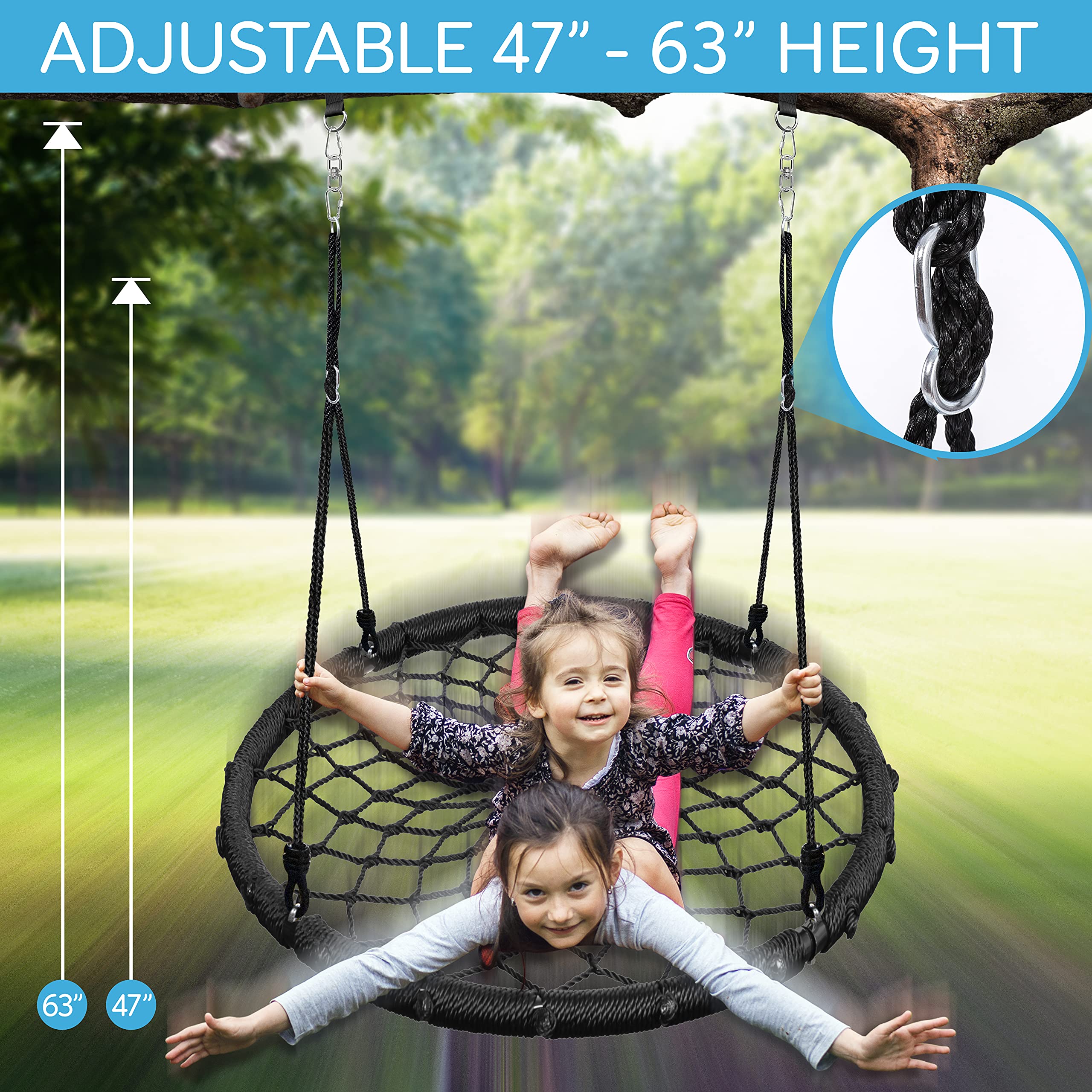 SereneLife Spider Web Tree Swing with Hang Kit and Center Spinner 40โ 600 lbs Kids Outdoor Backyard Tree Playhouse Playground Saucer Swing Set Accessories Platform Glider Mat Swinging Swingset,Black