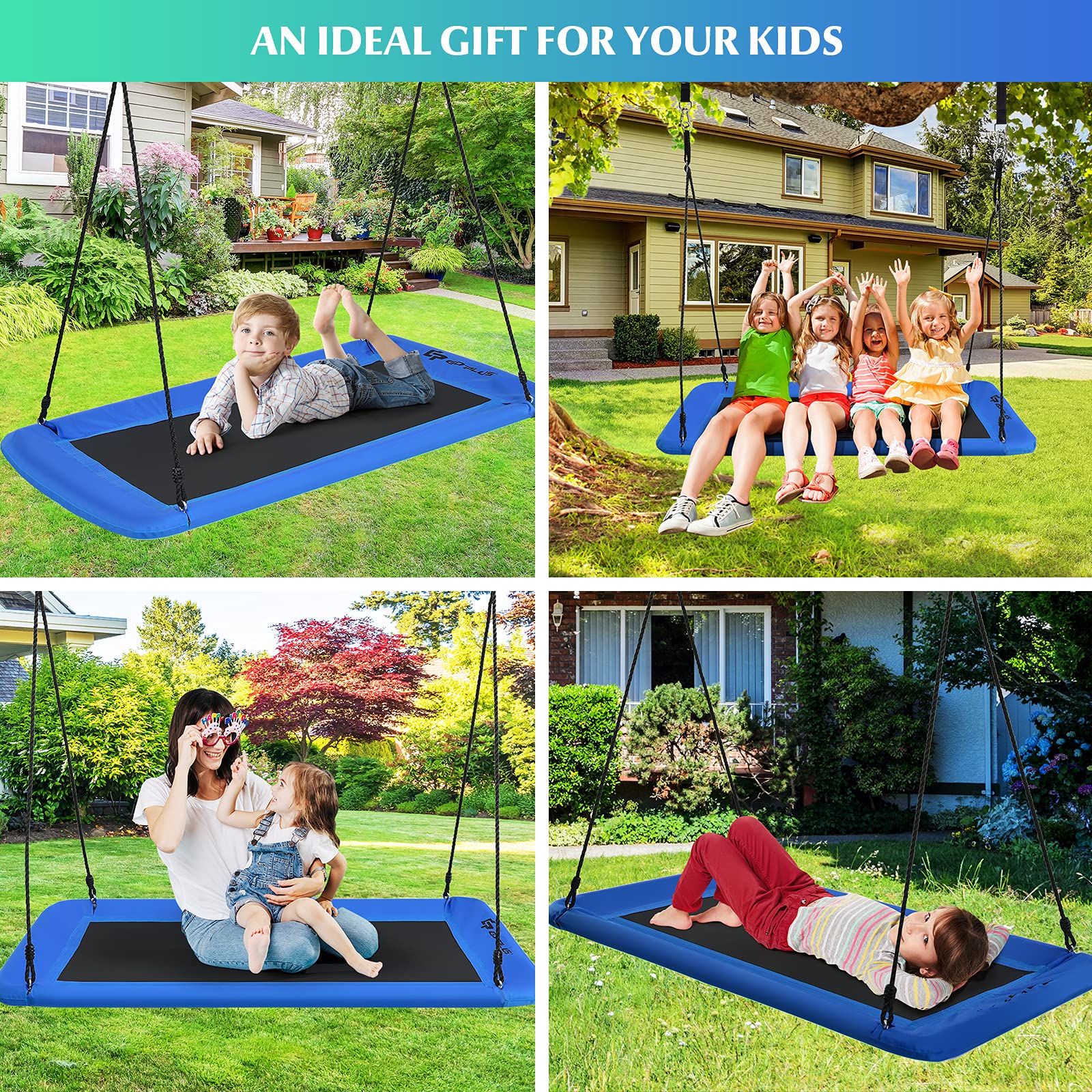 Goplus 700LBS 60 Inch Giant Platform Tree Swing for Kids and Adults, Indoor Outdoor Adjustable Rectangle Swing w/ 2 Hanging Straps & Steel Frame, Waterproof Swing Set for Porch Backyard (Navy Blue)
