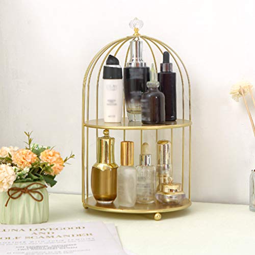 Yardwe Iron Cosmetic Rack Bird Cage Makeup Organizer 2 Tier Wire Storage Holder Essence Perfume Lotion Bottle Shelf Stand Skincare Products Tabletop Organizer