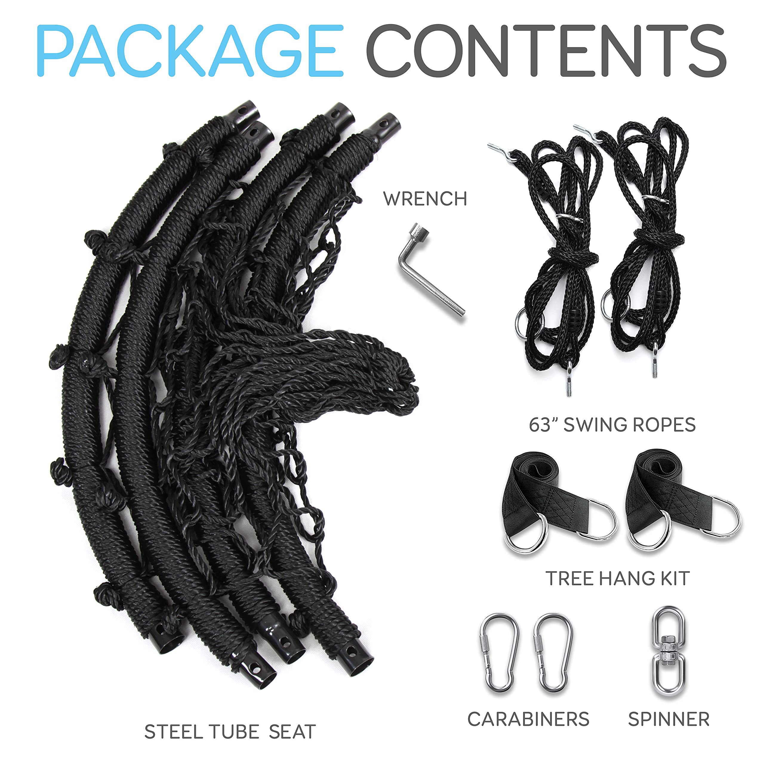 SereneLife Spider Web Tree Swing with Hang Kit and Center Spinner 40โ 600 lbs Kids Outdoor Backyard Tree Playhouse Playground Saucer Swing Set Accessories Platform Glider Mat Swinging Swingset,Black