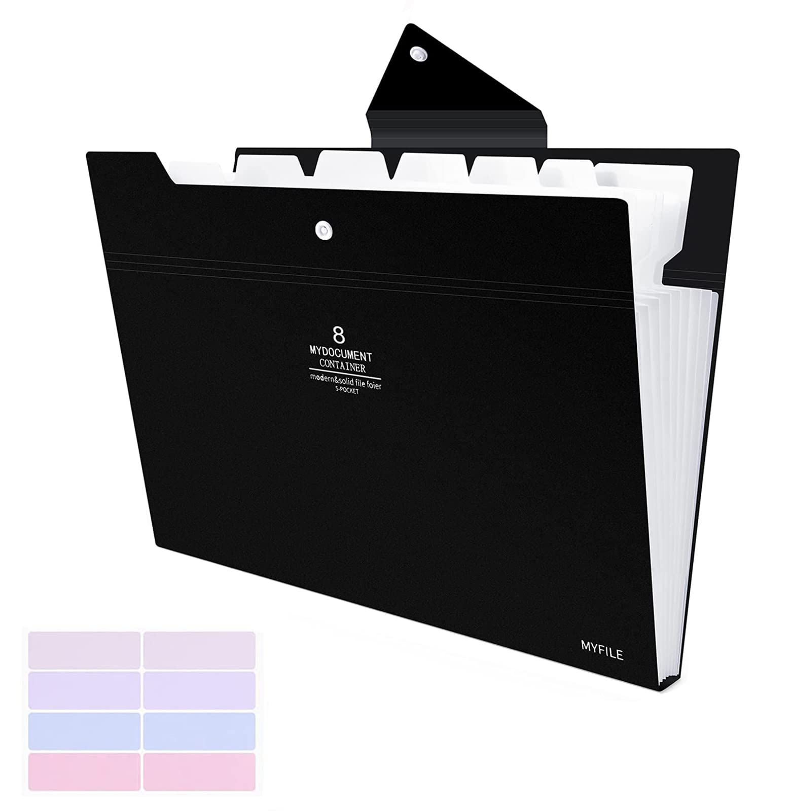 8 Pockets Letter A4 Paper Plastic Expandable Files Folder Snap Closure Accordion Document Organizer for School Office Home (Black)