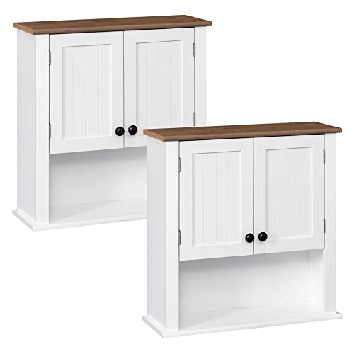 WAMPAT 2 Pack Wall Mounted Cabinet with Doors, Bathroom Wood Hanging Medicine Cabinets Over The Toilet with Adjustable Storage Shelf and Open Space for Kitchen, Entryway, Set of 2