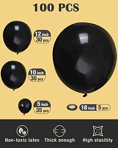 Styirl Black 100 Pcs Party Balloons (5/10/12/18 inch) for Birthday, Wedding, Graduation, Baby Shower, Bachelorette Party Decorations, Includes Curling Ribbon