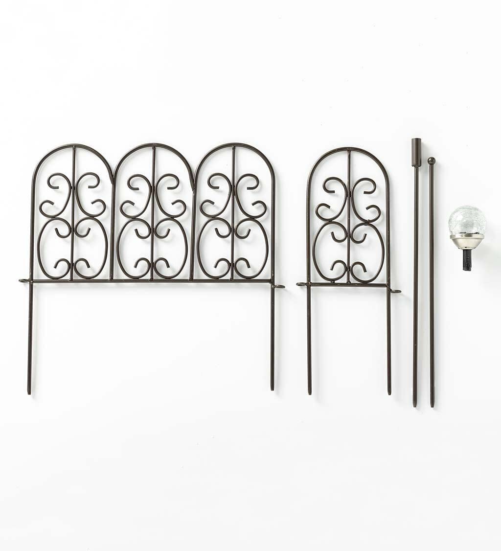 Plow & Hearth Montebello Decorative Metal Garden Edging with Crackle Glass Solar Lights, Outdoor Lighting Solutions, Six 18" L x 18" H Sections and Two 6" L x 18" H Sections
