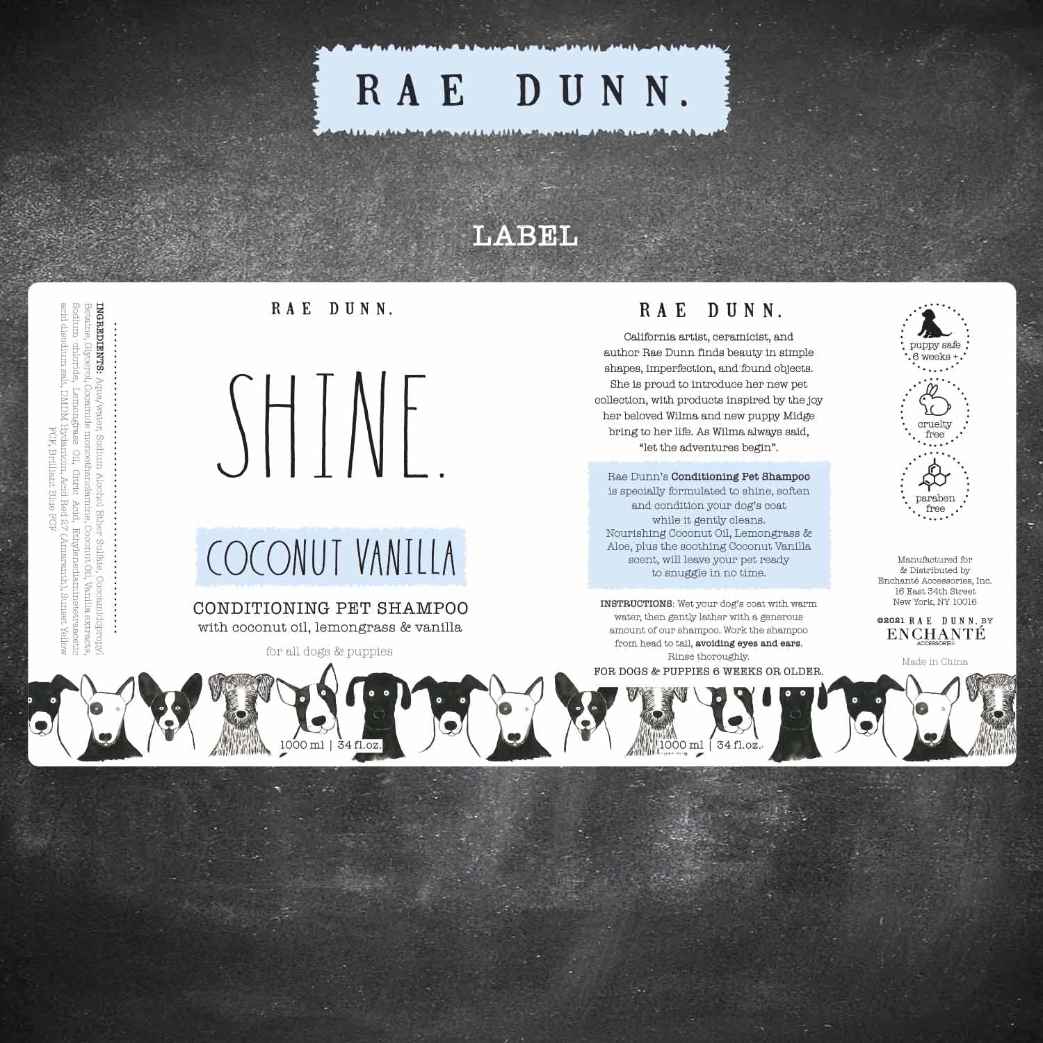 Rae Dunn Conditioning Pet Shampoo with Coconut Oil, Lemongrass and Vanilla, Coconut Mint, 1000 ml
