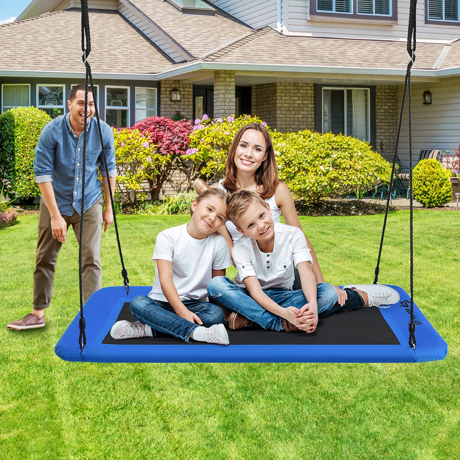 Goplus 700LBS 60 Inch Giant Platform Tree Swing for Kids and Adults, Indoor Outdoor Adjustable Rectangle Swing w/ 2 Hanging Straps & Steel Frame, Waterproof Swing Set for Porch Backyard (Navy Blue)