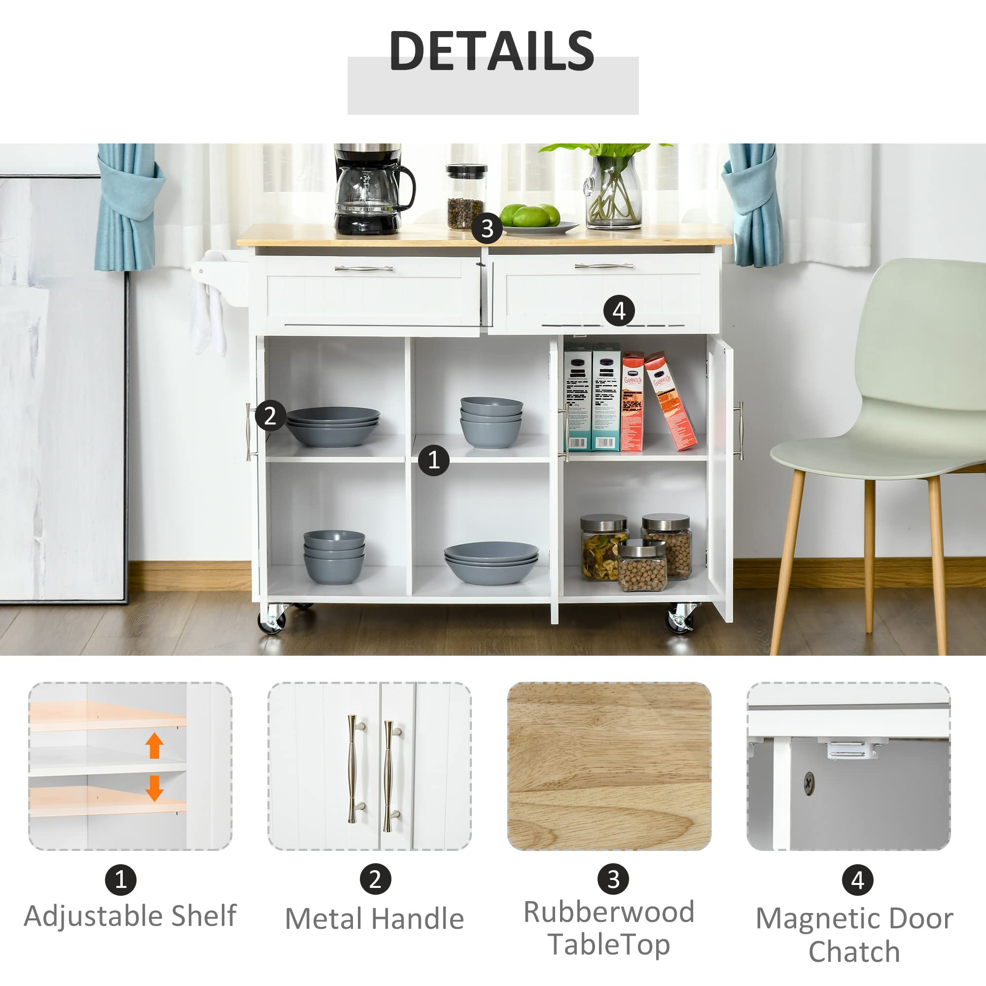 HOMCOM Mobile Kitchen Island with Storage, Kitchen Cart with Wood Top, Storage Drawers, 3-Door Cabinets, Adjustable Shelves and Towel Rack, White