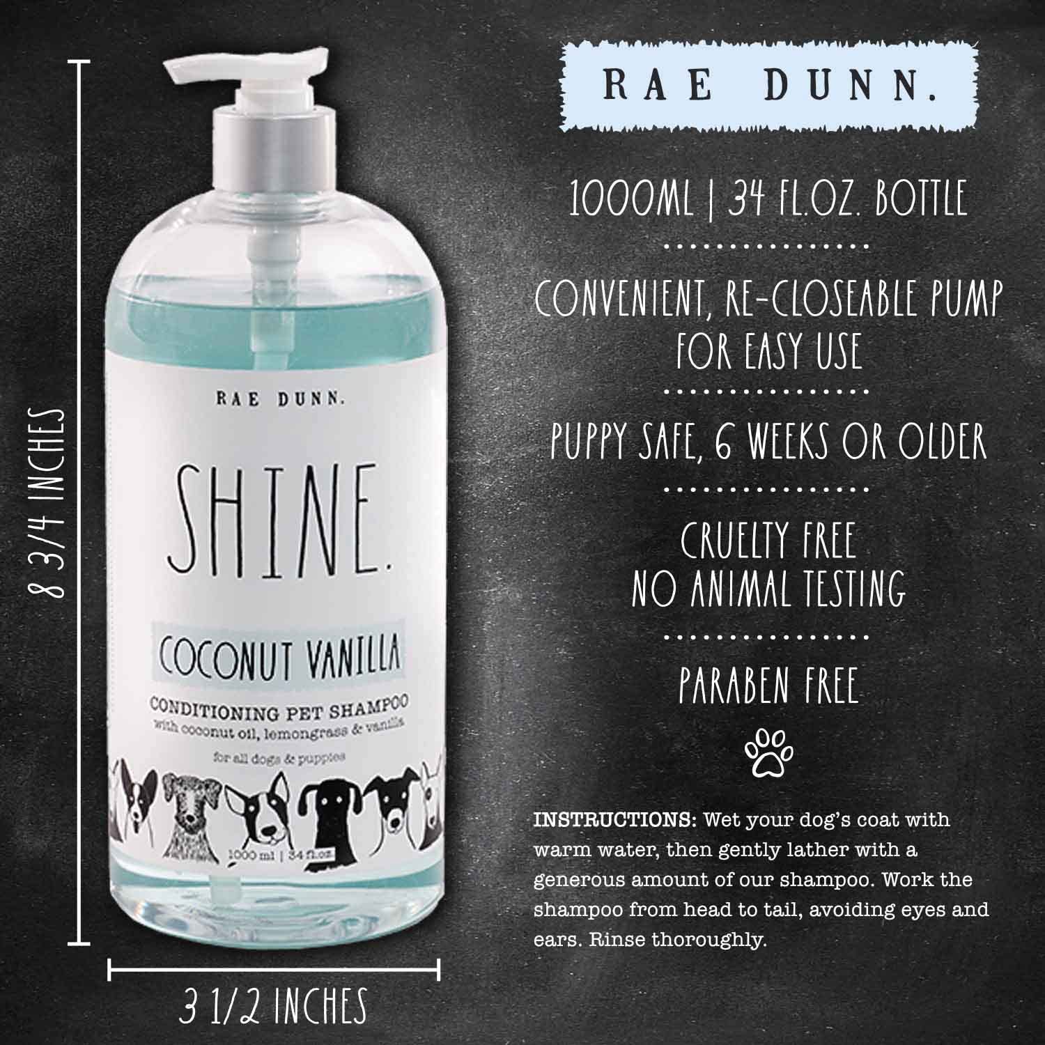 Rae Dunn Conditioning Pet Shampoo with Coconut Oil, Lemongrass and Vanilla, Coconut Mint, 1000 ml