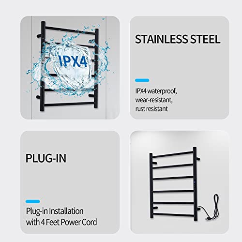 MAVENCOOL Heated Towel Warmer Rack, 6 Bars Wall Mounted Electric Towel Warmer for Bathroom, Plug-in Towel Drying Rack, Matte Black Stainless Steel Hot Towel Rack with Timer and LED Indicator