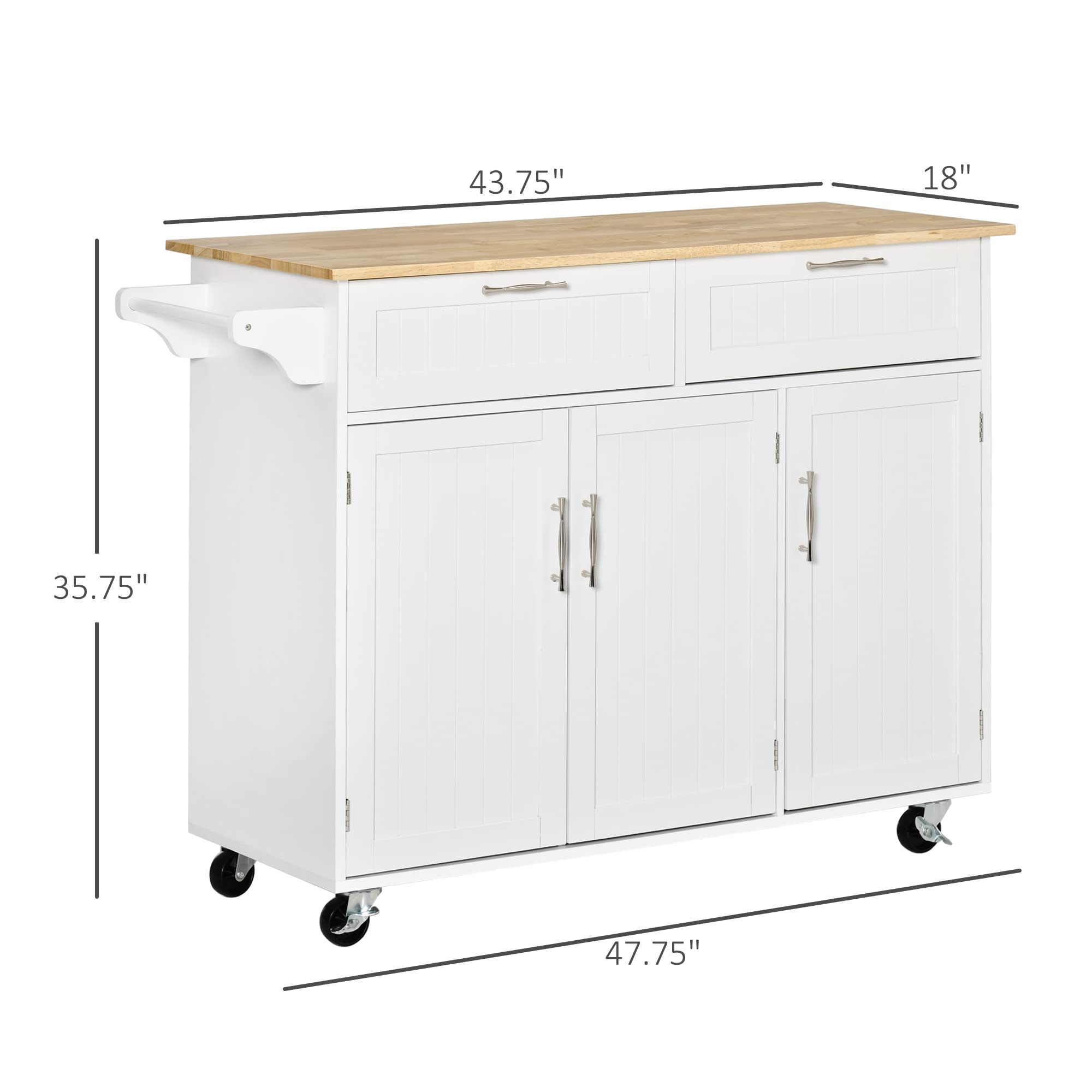 HOMCOM Mobile Kitchen Island with Storage, Kitchen Cart with Wood Top, Storage Drawers, 3-Door Cabinets, Adjustable Shelves and Towel Rack, White