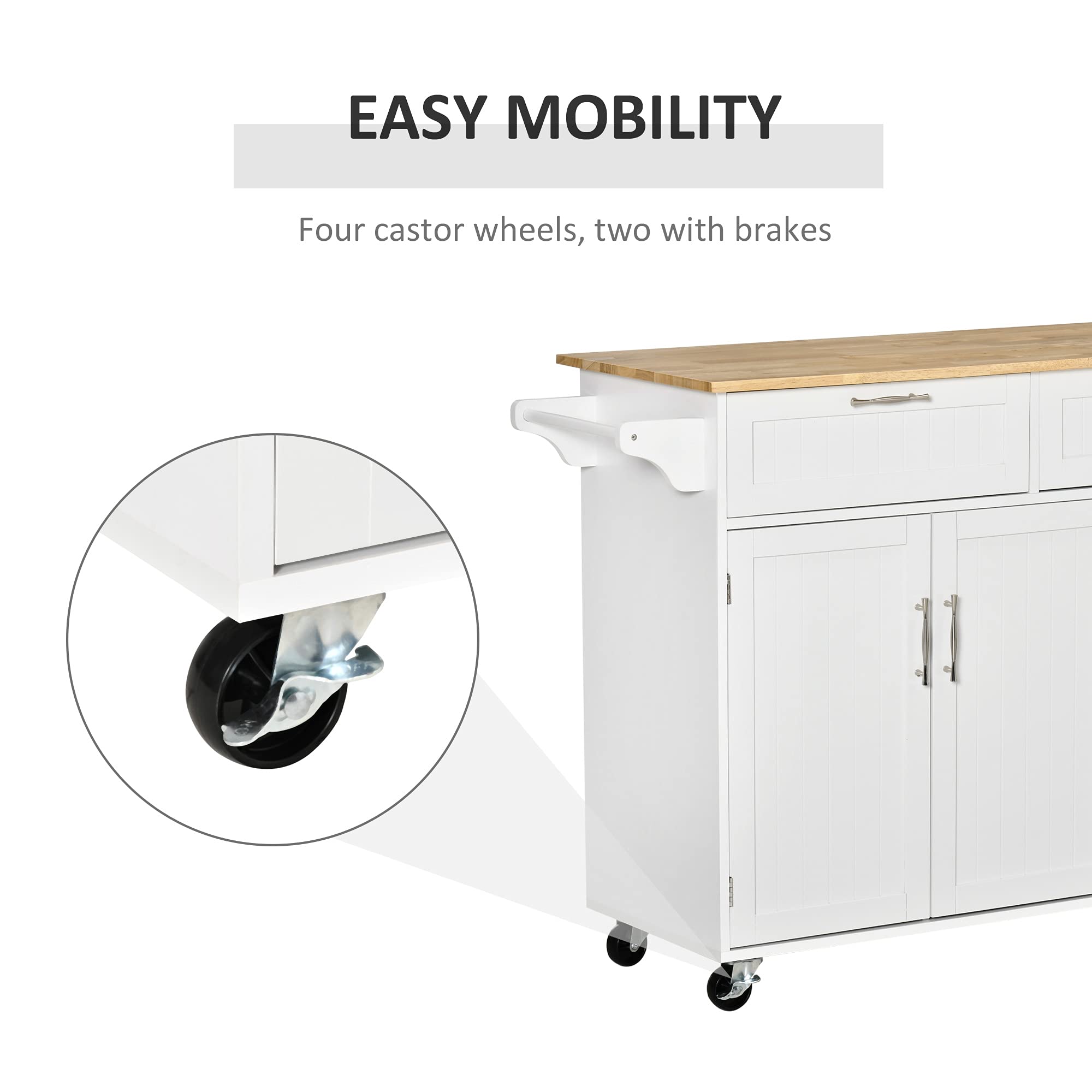HOMCOM Mobile Kitchen Island with Storage, Kitchen Cart with Wood Top, Storage Drawers, 3-Door Cabinets, Adjustable Shelves and Towel Rack, White