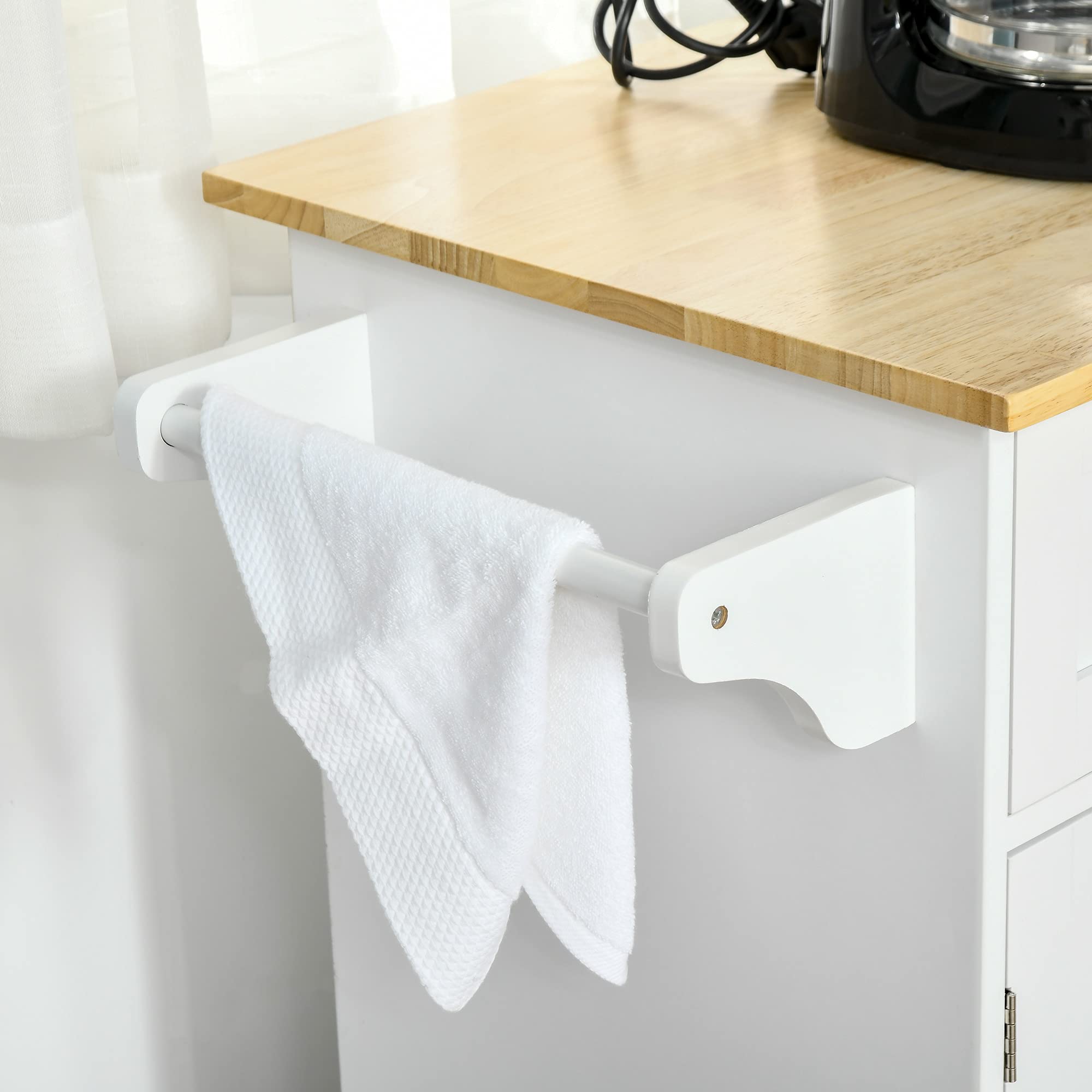 HOMCOM Mobile Kitchen Island with Storage, Kitchen Cart with Wood Top, Storage Drawers, 3-Door Cabinets, Adjustable Shelves and Towel Rack, White