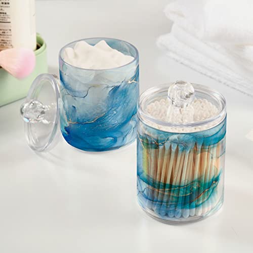 ALAZA 4 Pack Qtip Holder Dispenser Teal Turquoise Marble Bathroom Organizer Canisters for Cotton Balls/Swabs/Pads/Floss,Blue Marble Plastic Apothecary Jars for Vanity