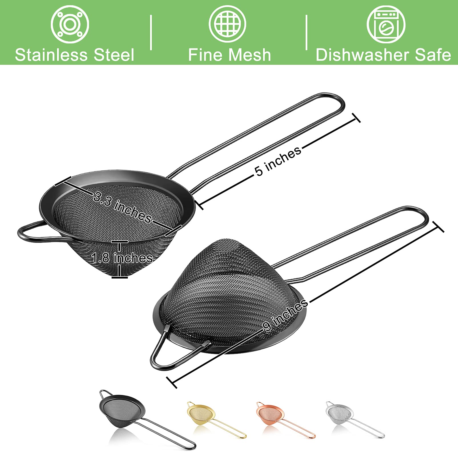 TeamFar Fine Mesh Strainer, 3.3 Inch Stainless Steel Tea Cocktail Coffee Flour Strainer with Long Handle for Kitchen Bar, Small Conical Cone Mesh Strainer, Non-Toxic & Easy Clean, (Set of 2, Black)