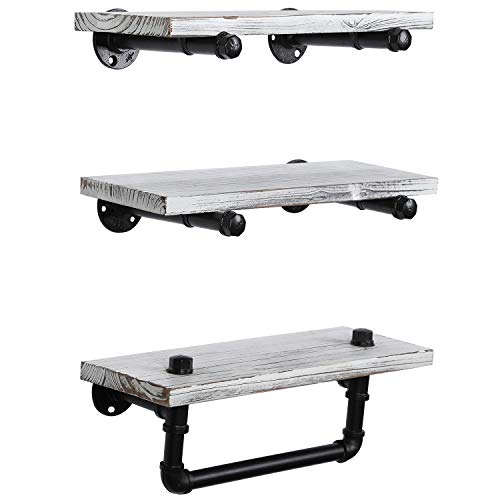 MyGift Wall Mounted White Washed Solid Wood Floating Shelf Organizer, 3 Piece Set Mounted Bathroom Display Shelf with Towel Bar and Industrial Metal Pipe Brackets