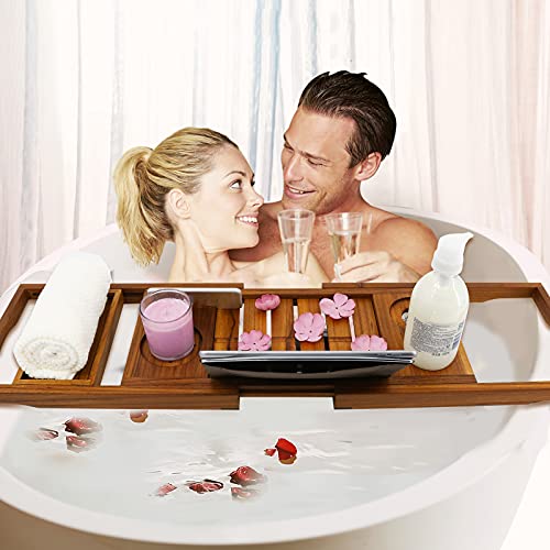 Teak Shower Mat with Bathtub Caddy Tray Set,Portable Spa Bath Mat and Bath Tray for Tub, Waterproof, Perfect for Bathroom
