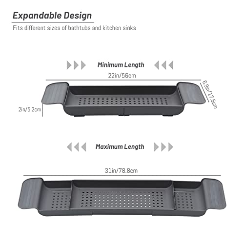 2 Pack Expandable Caddy Bath Tray for Tub, Multifunctional Drain Bathtub Shelf with Non-Slip Extending Grip for Tub Against Wall, Kitchen Dish Drying, Tub Organizer with Foldable Storage Baskets