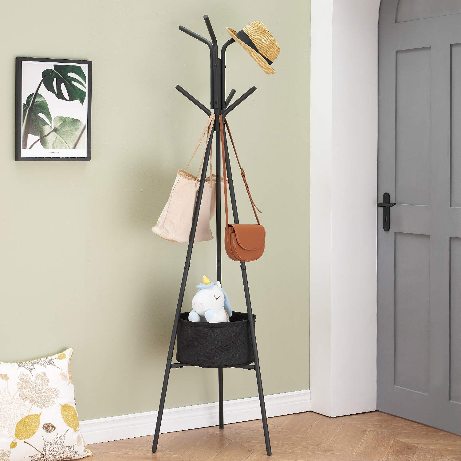 VECELO Coat Rack Freestanding,Hall Trees with Storage Basket,Entryway Clothes Stand with Shelf for Hat,Bags,Scarf Trees with 6 Hooks,Rustic Brown and Black