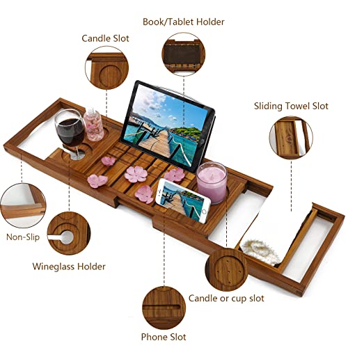 Teak Shower Mat with Bathtub Caddy Tray Set,Portable Spa Bath Mat and Bath Tray for Tub, Waterproof, Perfect for Bathroom