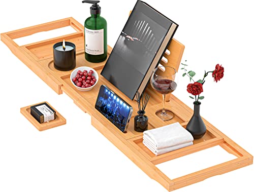 Bathtub Tray Caddy Bamboo 41" Longest Extended Length+ Gifts for Mom Lavender Scented Candles Bundle Green Jar