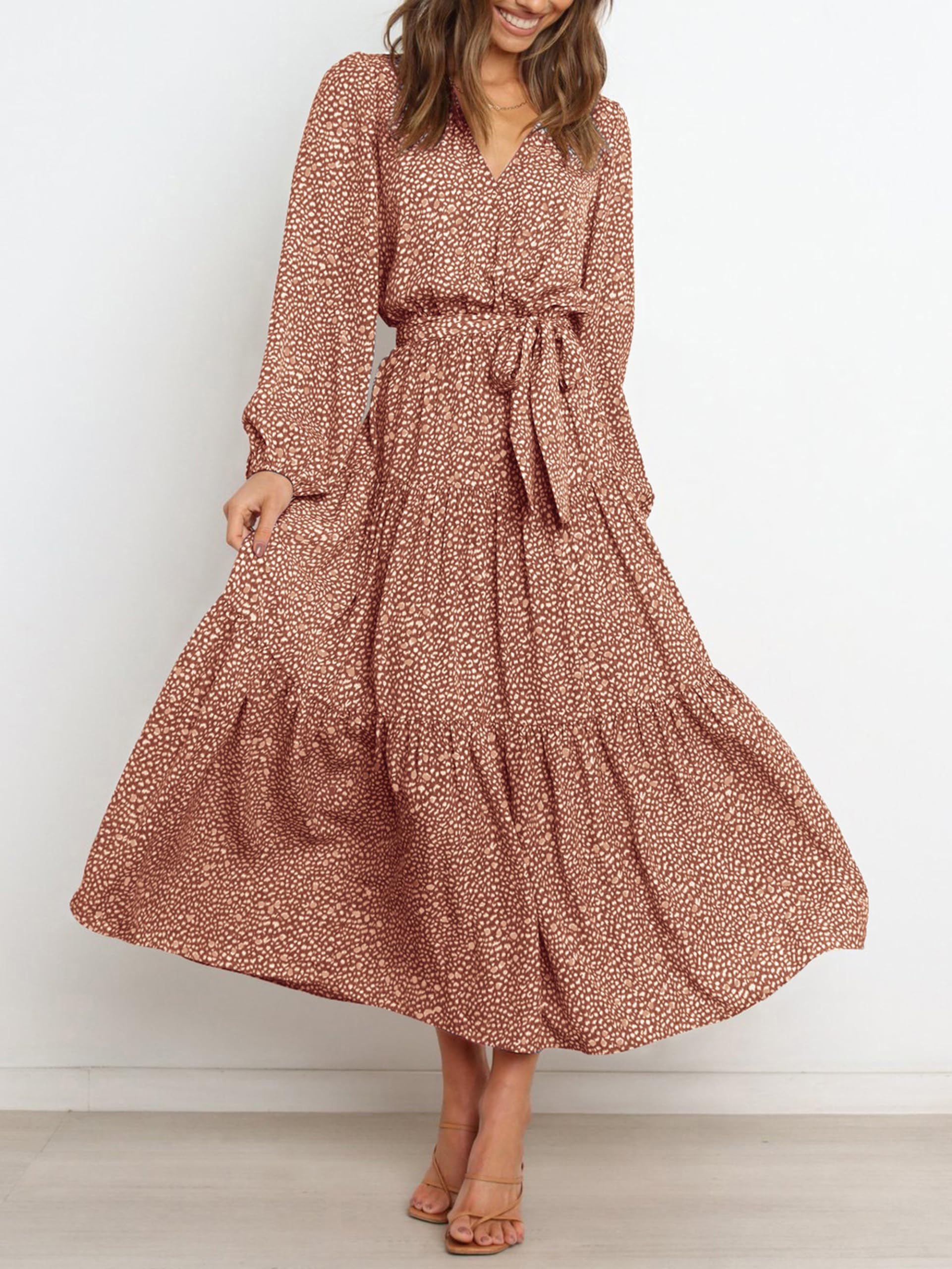 PRETTYGARDEN Women's 2024 Long Sleeve Wrap V Neck Floral Ruffle Tiered Maxi Dress Boho Chiffon Flowy Long Dresses with Belt(Khaki,Medium)