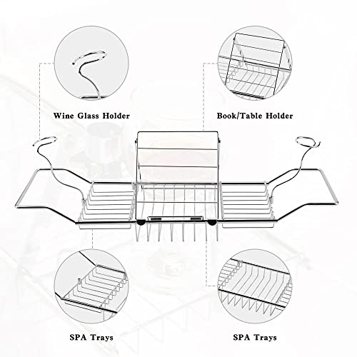 BDL Stainless Steel Bathtub Caddy Tray, Expandable Bath tub Table Shelf Bath Organizer with Reading Pad Rack or Tablet Holder, Candle Holder and Including Two Wine Glass Holders (Silver)
