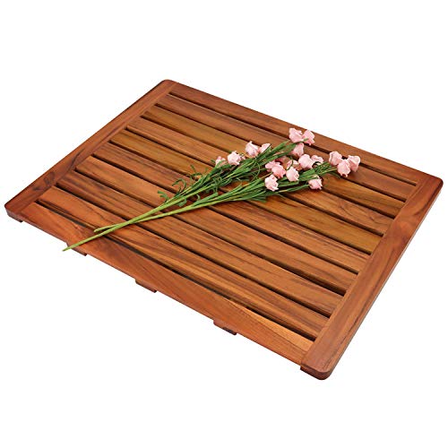 Teak Shower Mat with Bathtub Caddy Tray Set,Portable Spa Bath Mat and Bath Tray for Tub, Waterproof, Perfect for Bathroom