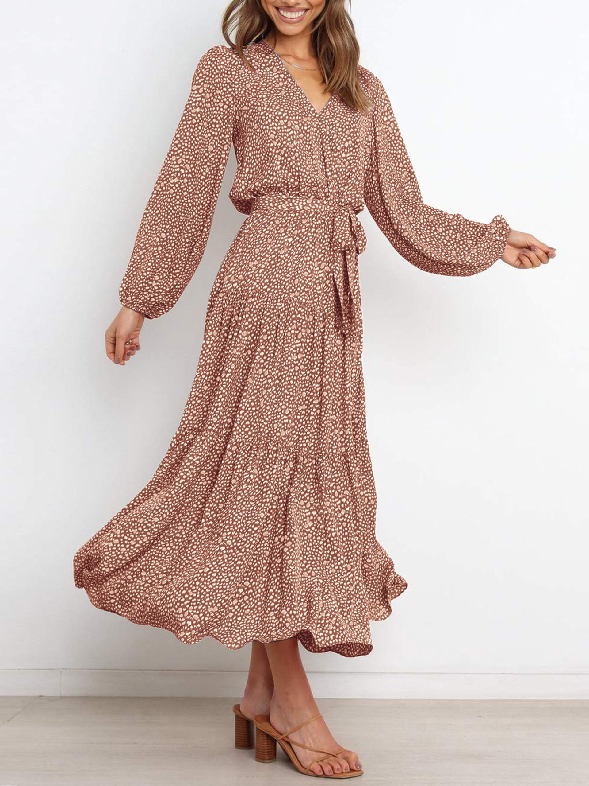 PRETTYGARDEN Women's 2024 Long Sleeve Wrap V Neck Floral Ruffle Tiered Maxi Dress Boho Chiffon Flowy Long Dresses with Belt(Khaki,Medium)