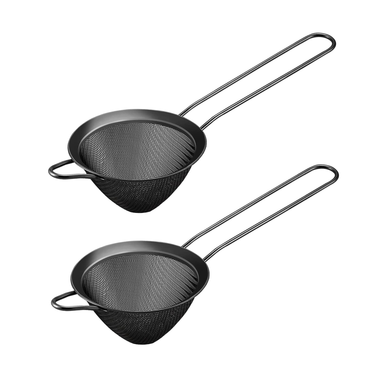 TeamFar Fine Mesh Strainer, 3.3 Inch Stainless Steel Tea Cocktail Coffee Flour Strainer with Long Handle for Kitchen Bar, Small Conical Cone Mesh Strainer, Non-Toxic & Easy Clean, (Set of 2, Black)