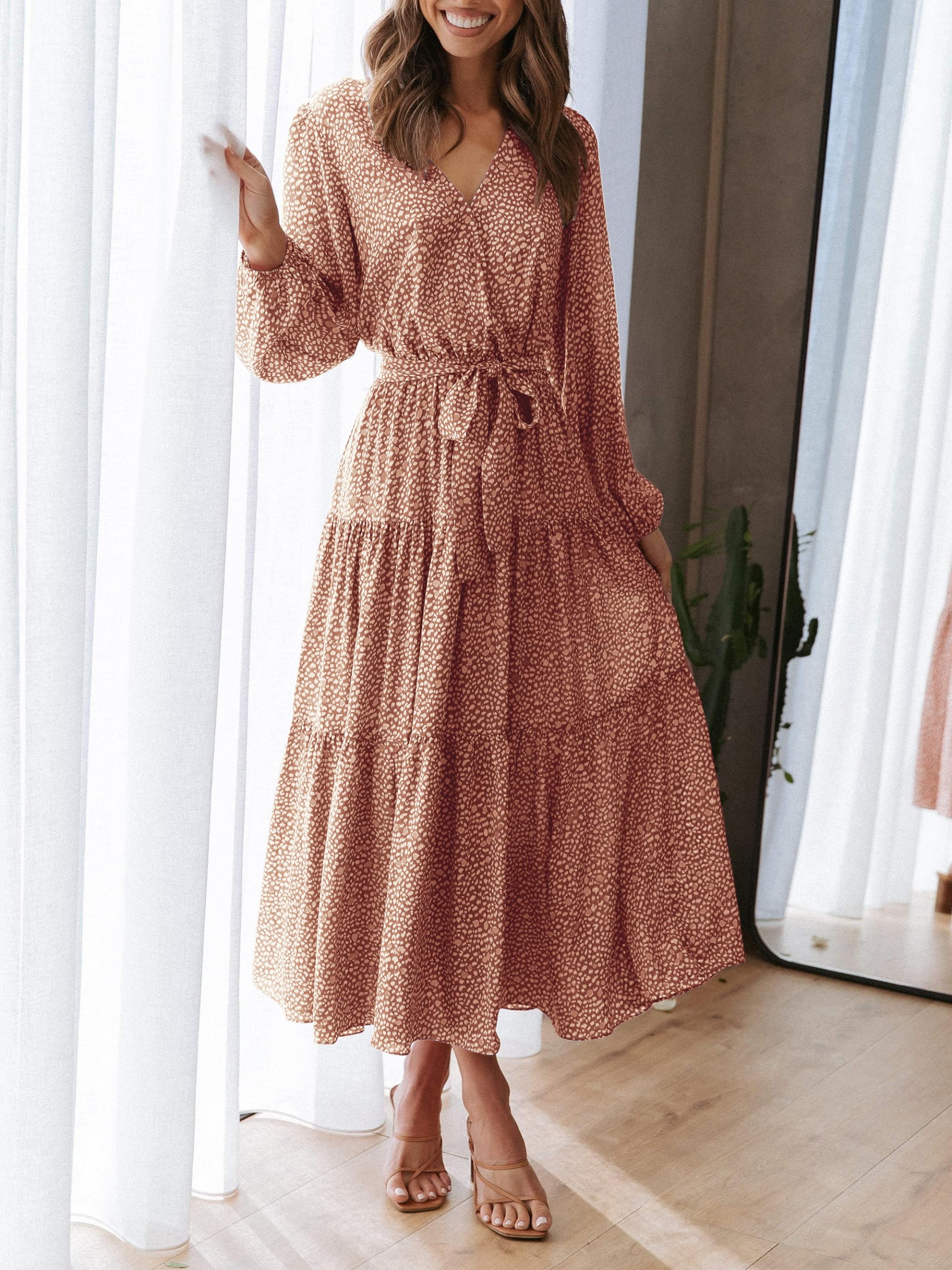 PRETTYGARDEN Women's 2024 Long Sleeve Wrap V Neck Floral Ruffle Tiered Maxi Dress Boho Chiffon Flowy Long Dresses with Belt(Khaki,Medium)