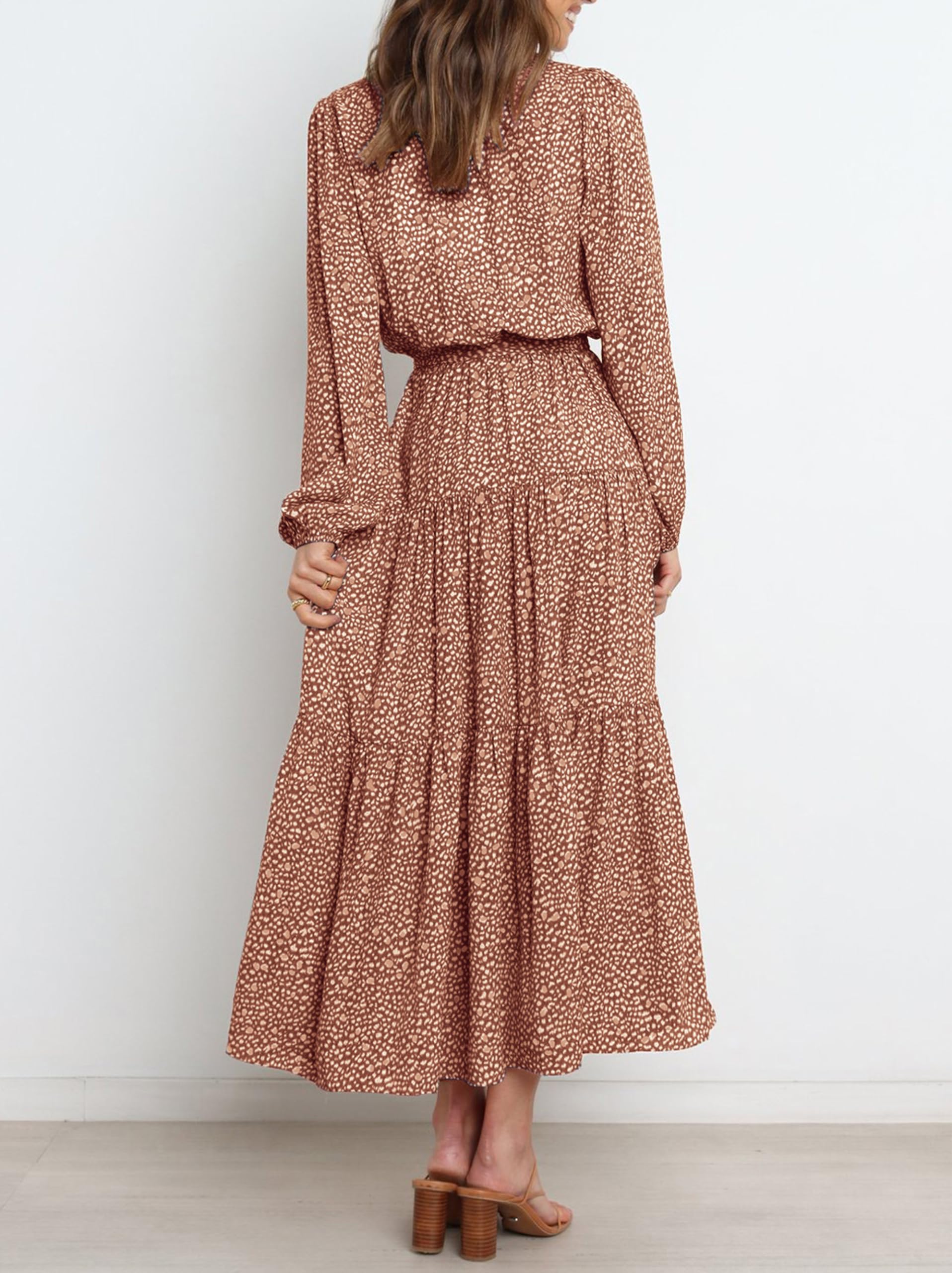 PRETTYGARDEN Women's 2024 Long Sleeve Wrap V Neck Floral Ruffle Tiered Maxi Dress Boho Chiffon Flowy Long Dresses with Belt(Khaki,Medium)