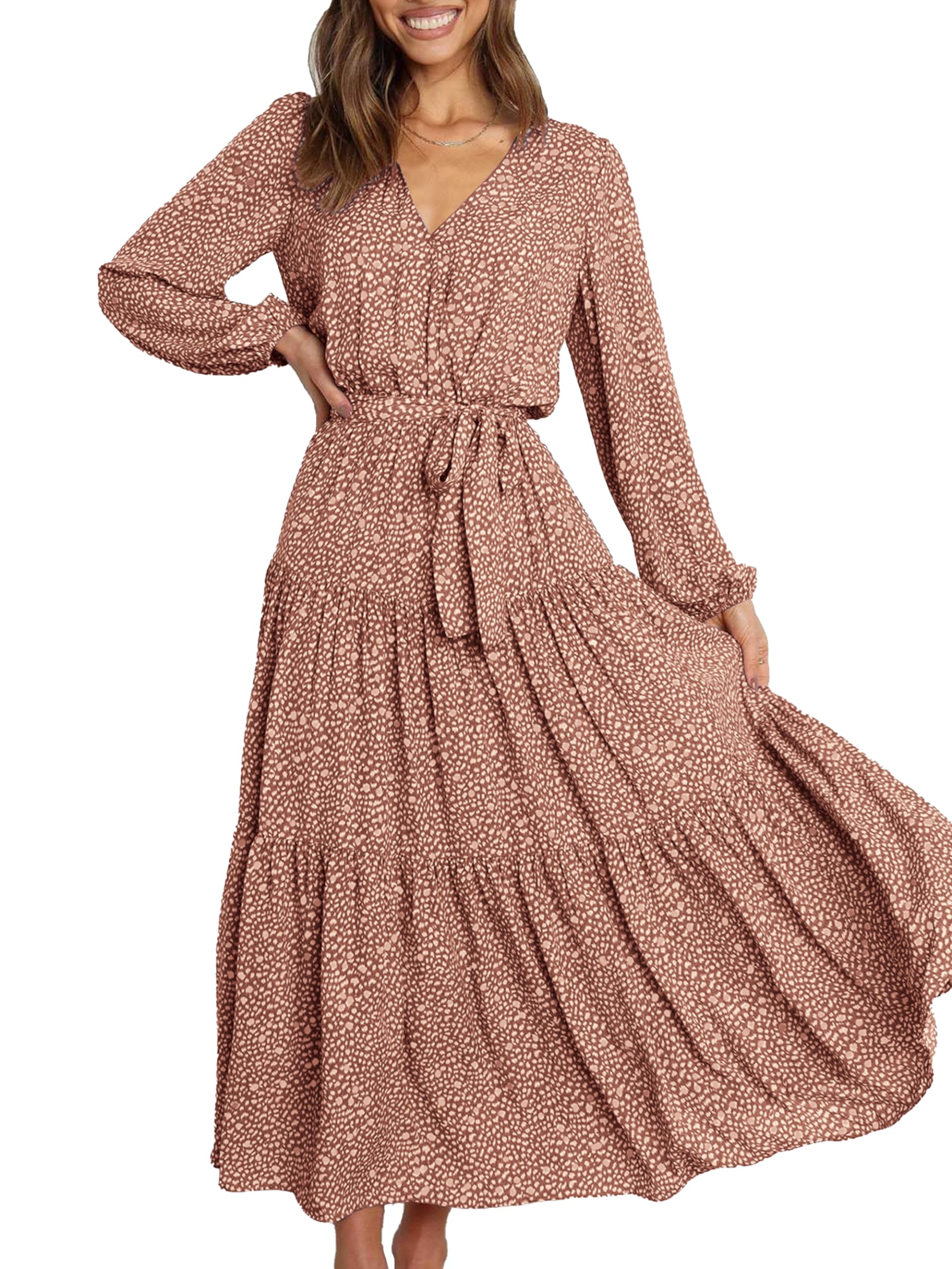 PRETTYGARDEN Women's 2024 Long Sleeve Wrap V Neck Floral Ruffle Tiered Maxi Dress Boho Chiffon Flowy Long Dresses with Belt(Khaki,Medium)