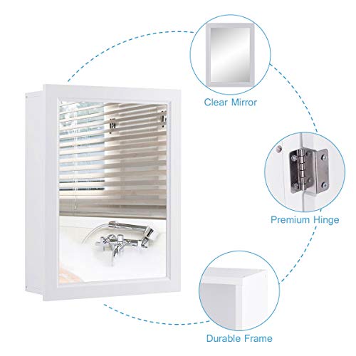 Casart Mirror Medicine Cabinet W/Single Door and Inner Adjustable Shelf in 3 Heights Storage Organizer for Bathroom, Vestibule, Bedroom Wall Mount Bathroom Cabinet,White