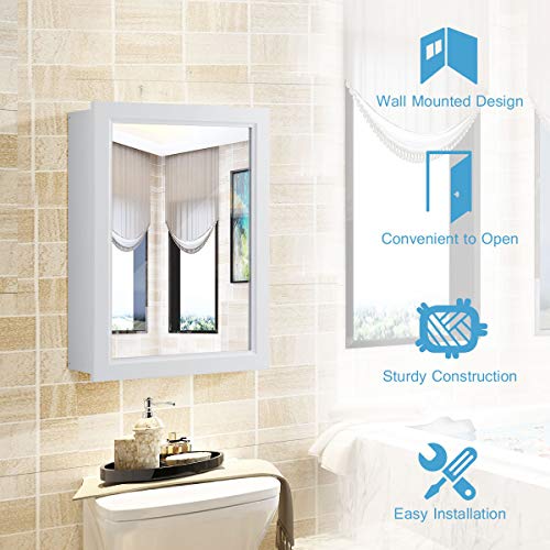 Casart Mirror Medicine Cabinet W/Single Door and Inner Adjustable Shelf in 3 Heights Storage Organizer for Bathroom, Vestibule, Bedroom Wall Mount Bathroom Cabinet,White