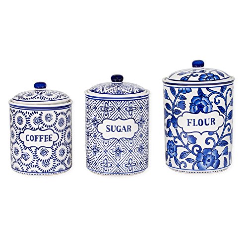 Drew Derose Blue White Patterned Ceramic 3 Pc Canister Set