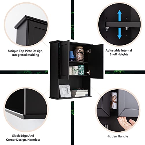 OONNEE Bathroom Wall Cabinet Black Wall Mounted Wood Medicine Cabinet, Over Toilet Storage Bathroom Cabinet with 2 Doors & Adjustable Shelf, Soft Hinge Wall Hanging Cabinet for Bathroom Laundry Room