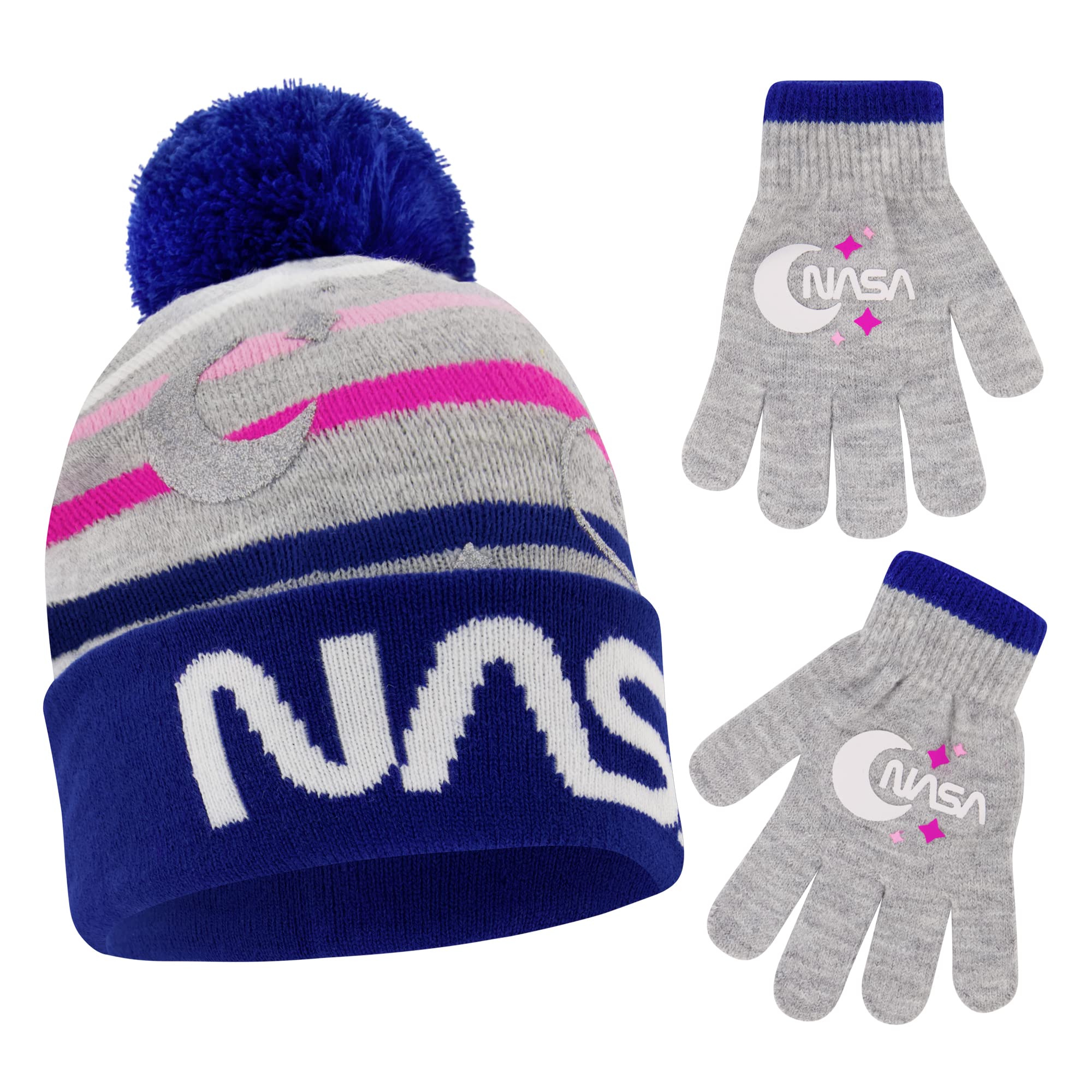ABG Accessories Boys' Little Girls Winter Hat with Kids Gloves Set, NASA for Ages, Grey/Blue, 4-7 Years