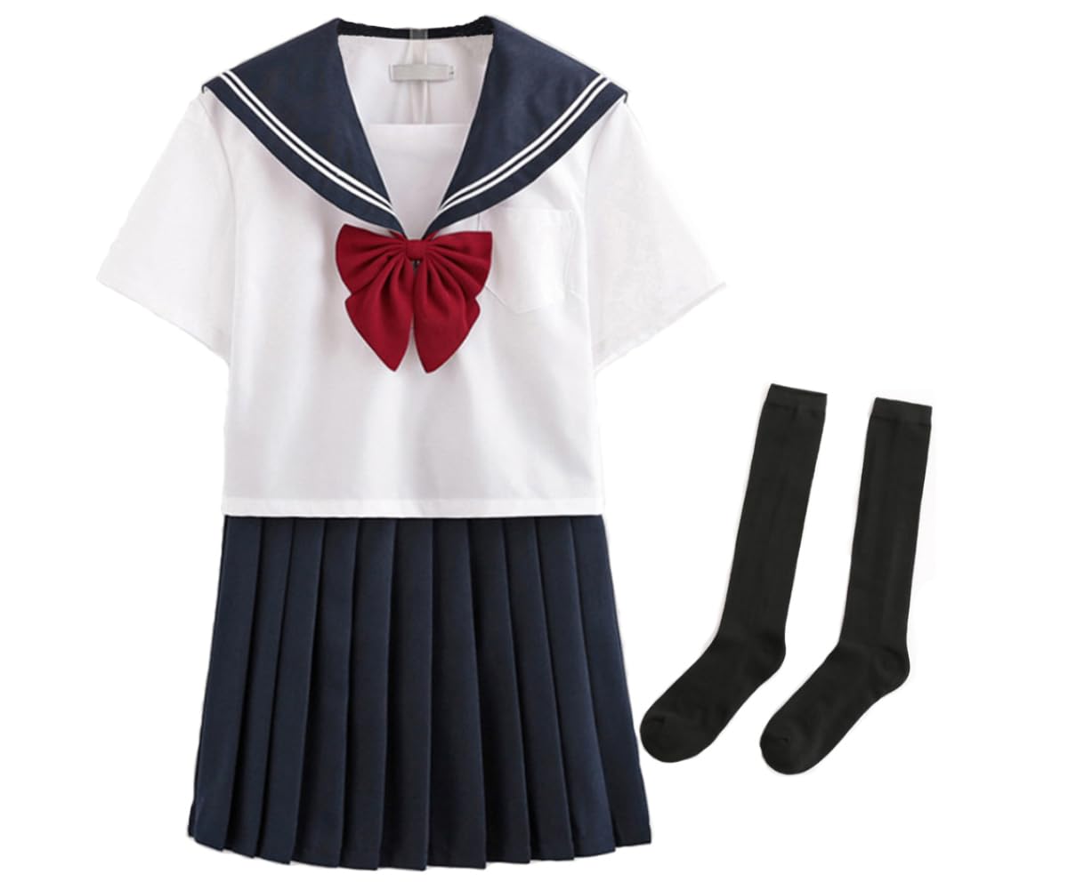 OrFilam school girl outfit kawaii Cute maid outfit Girl JK Uniform Suit, Sailor's Suit. Japanese Student Suit. (Short Sleeves, XS)