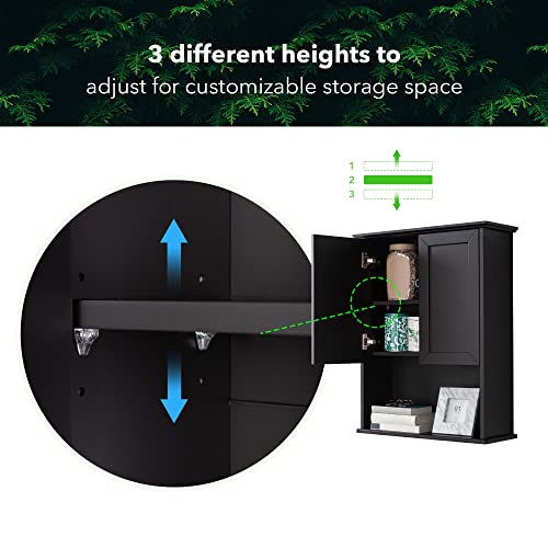 OONNEE Bathroom Wall Cabinet Black Wall Mounted Wood Medicine Cabinet, Over Toilet Storage Bathroom Cabinet with 2 Doors & Adjustable Shelf, Soft Hinge Wall Hanging Cabinet for Bathroom Laundry Room