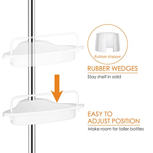 Rustproof Shower Caddy Corner, Shower Organizer with Tension Pole, 4 Tier Adjustable Shelves with Shower Storage, Stainless Shower Shelves, Drill Free Shower Rack, 56-114 Inch, White