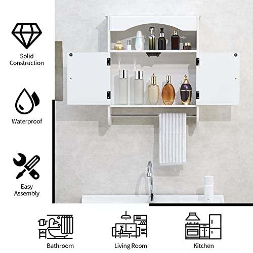 GREATMEET Wood Bathroom Cabinet with Towels Bar and 2 Shelves, Wood Towel Cabinet with 2 Doors, Medicine Wall Mounted Cabinets for Bathroom, Laundry Room, Kitchen, White