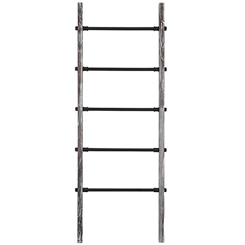 MyGift Urban Rustic Torched Wood Blanket Ladder Decor with 5 Industrial Metal Rungs, 5 Foot Wall Leaning Towel Storage Rack