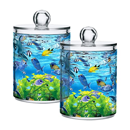 MNSRUU 2 Pack Qtip Holder Organizer Dispenser Abstract Fish Sea Animal Underwater Bathroom Storage Canister Cotton Ball Holder Bathroom Containers for Cotton Swabs/Pads/Floss