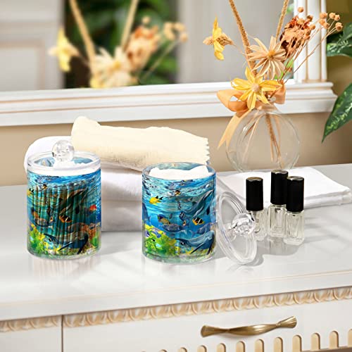 MNSRUU 2 Pack Qtip Holder Organizer Dispenser Abstract Fish Sea Animal Underwater Bathroom Storage Canister Cotton Ball Holder Bathroom Containers for Cotton Swabs/Pads/Floss
