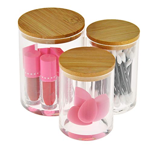 ARAD Cotton Ball, Swab, Q-tip Storage Set, 1-Piece, 3 Compartment, Clear Acrylic Jar Container with Bamboo Lid, Easy Organization on Bathroom Counters, Under-Sink Placement-6"D x 4.5" H