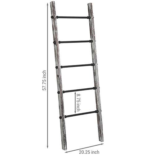 MyGift Urban Rustic Torched Wood Blanket Ladder Decor with 5 Industrial Metal Rungs, 5 Foot Wall Leaning Towel Storage Rack