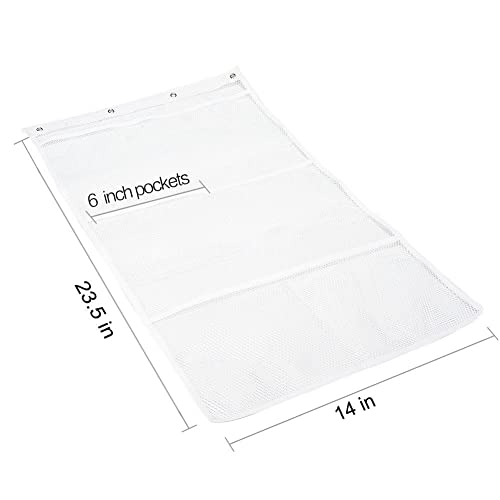 Mesh Shower Curtain Organizer Bag,6 Pockets Hanging Caddies Quick Dry Bathroom Shower Curtain Rod/Liner Toy Shampoo-Soap-Razor Holder Hanger Storage Pocket with 4 Hanging Ring 2 Suction Cup Hooks