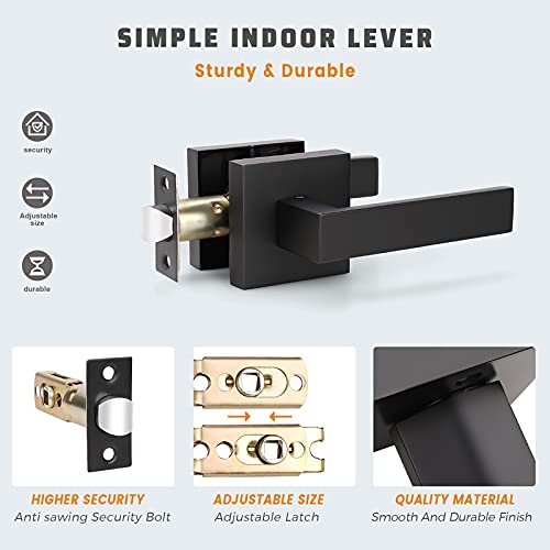 KNOBWELL 4 Pack Contemporary Square Door Handle Passage, Black Door Handles Inside, Interior Door Knob Set, Matte Black (No Lock/Key)