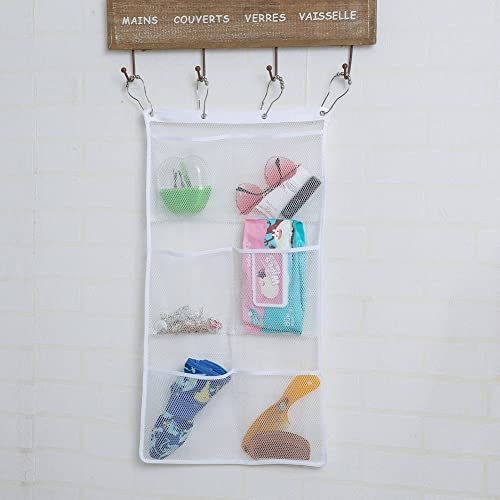 Mesh Shower Curtain Organizer Bag,6 Pockets Hanging Caddies Quick Dry Bathroom Shower Curtain Rod/Liner Toy Shampoo-Soap-Razor Holder Hanger Storage Pocket with 4 Hanging Ring 2 Suction Cup Hooks