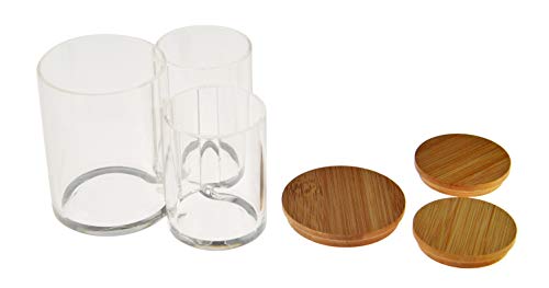 ARAD Cotton Ball, Swab, Q-tip Storage Set, 1-Piece, 3 Compartment, Clear Acrylic Jar Container with Bamboo Lid, Easy Organization on Bathroom Counters, Under-Sink Placement-6"D x 4.5" H